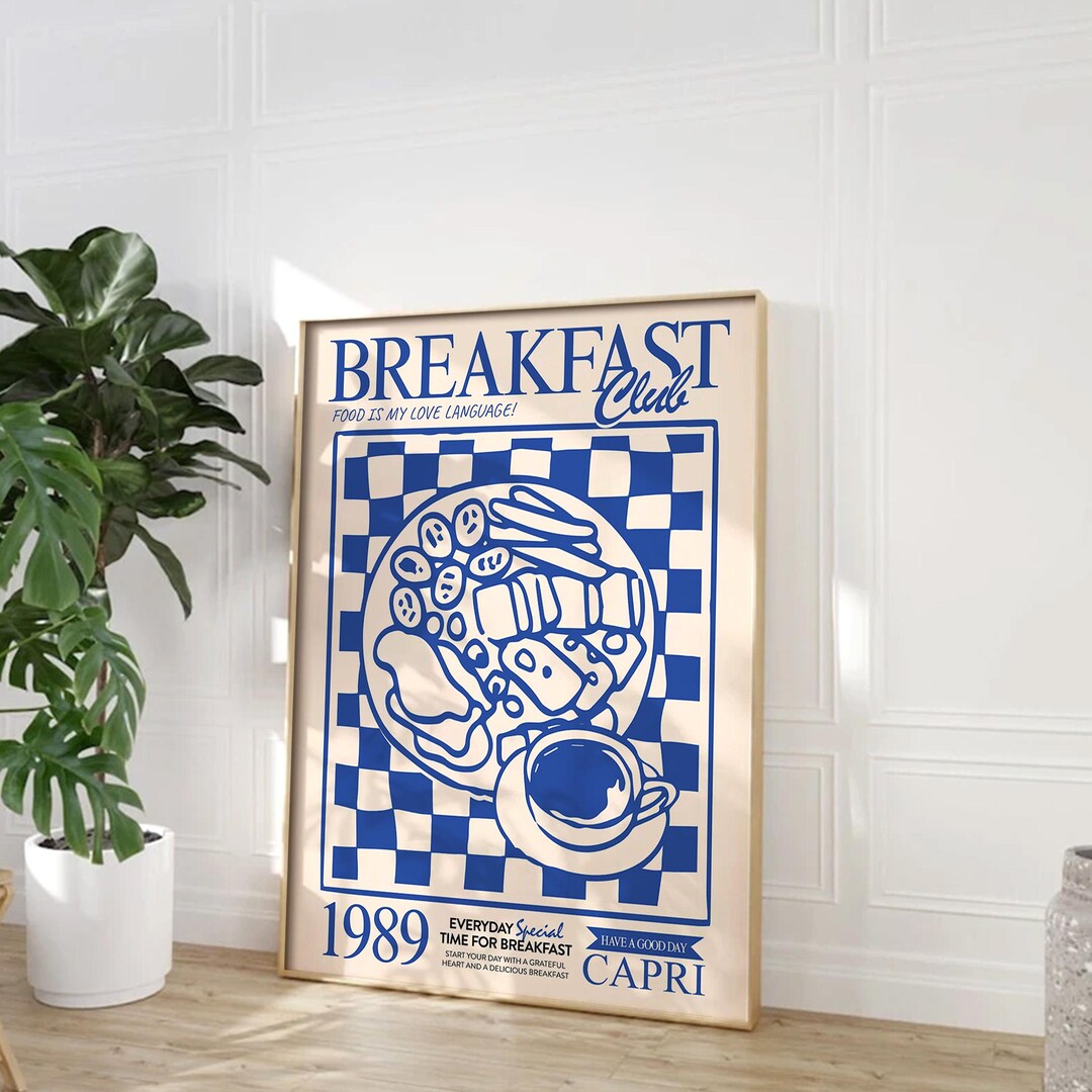 Breakfast Club Art Print, Retro Kitchen Decor, Funky Blue White Diner ...