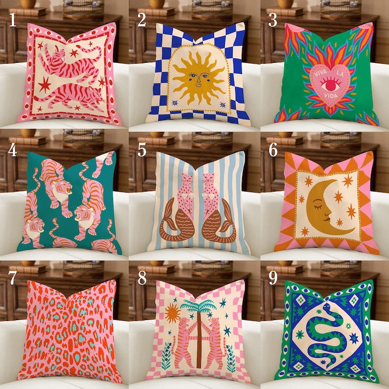 Vibrant Folk Art Pillow Collection, Maximalist Throw Pillow, Groovy ...