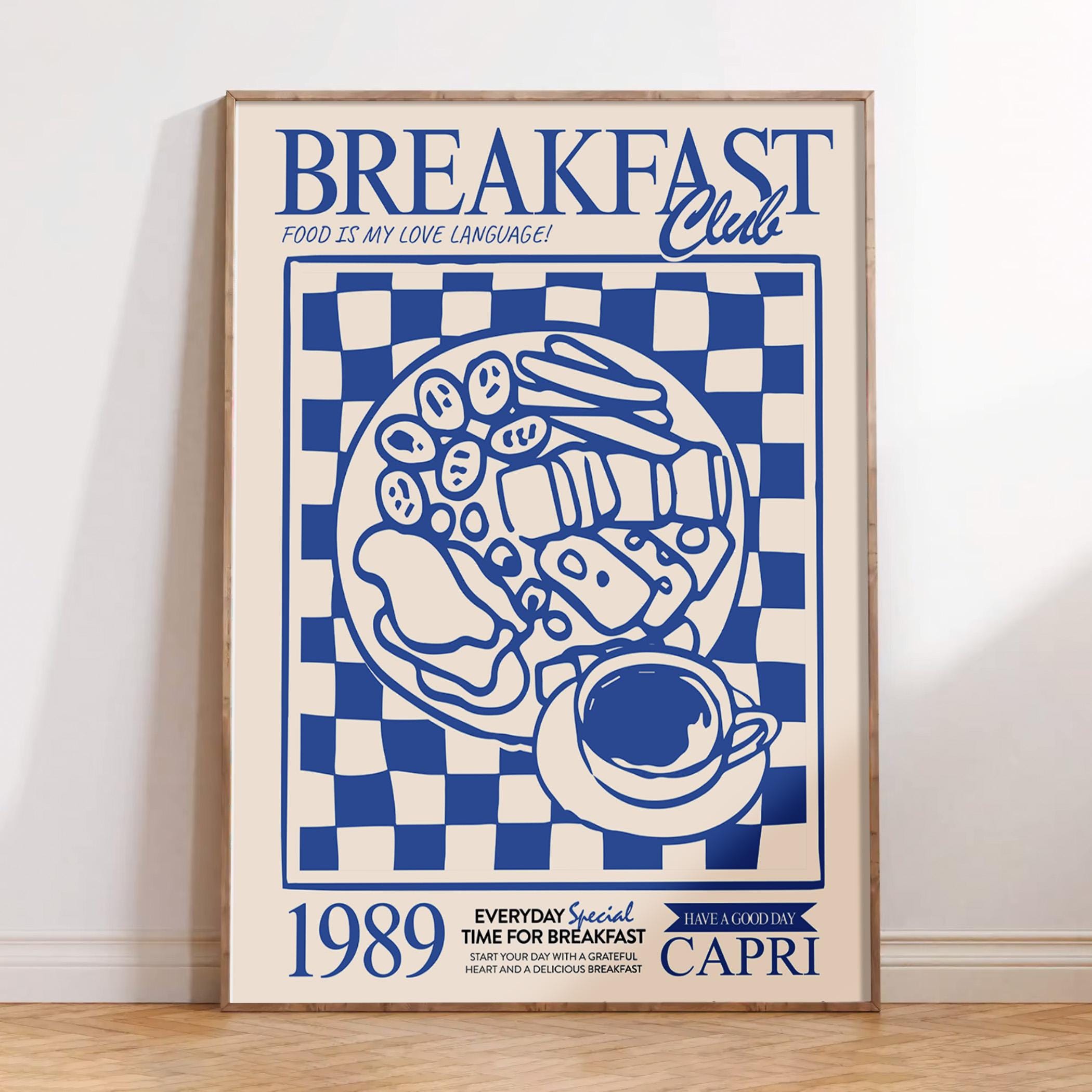 Breakfast Club Art Print, Retro Kitchen Decor, Funky Blue White Diner ...