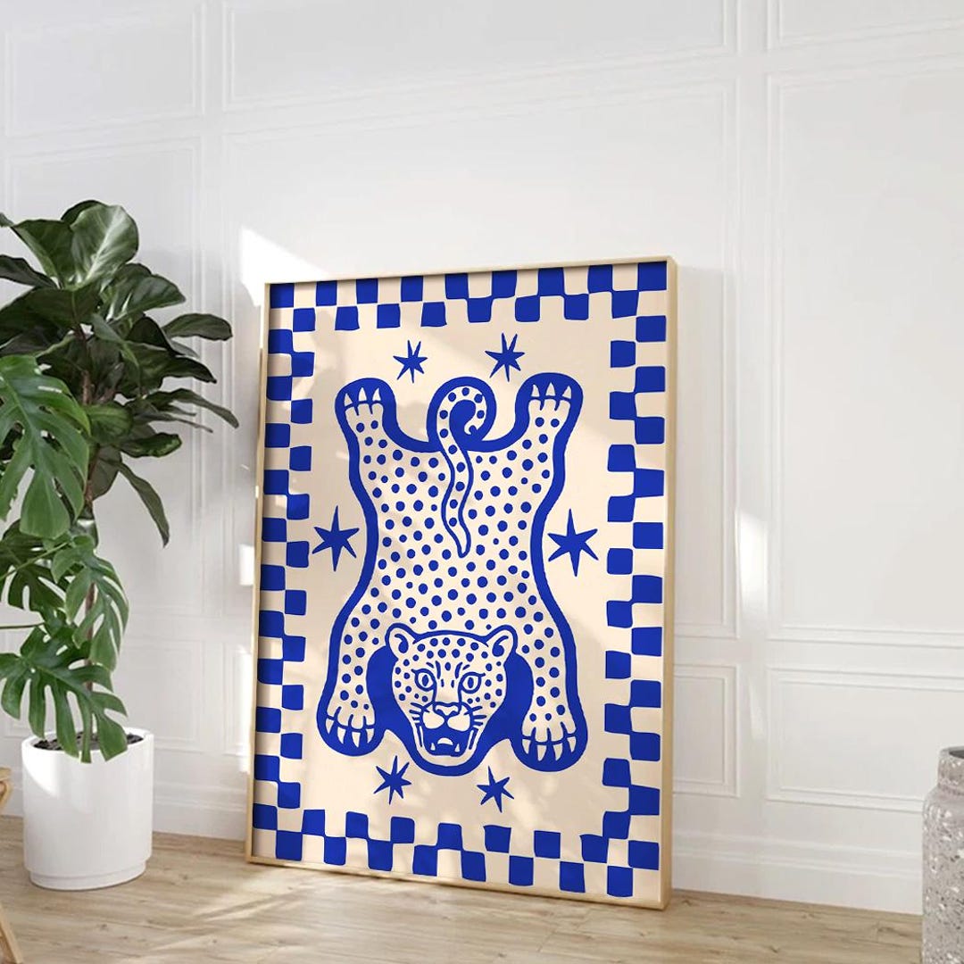 Blue Cheetah Rug Art Print, Maximalist Folk Art Poster, Eclectic Wall ...