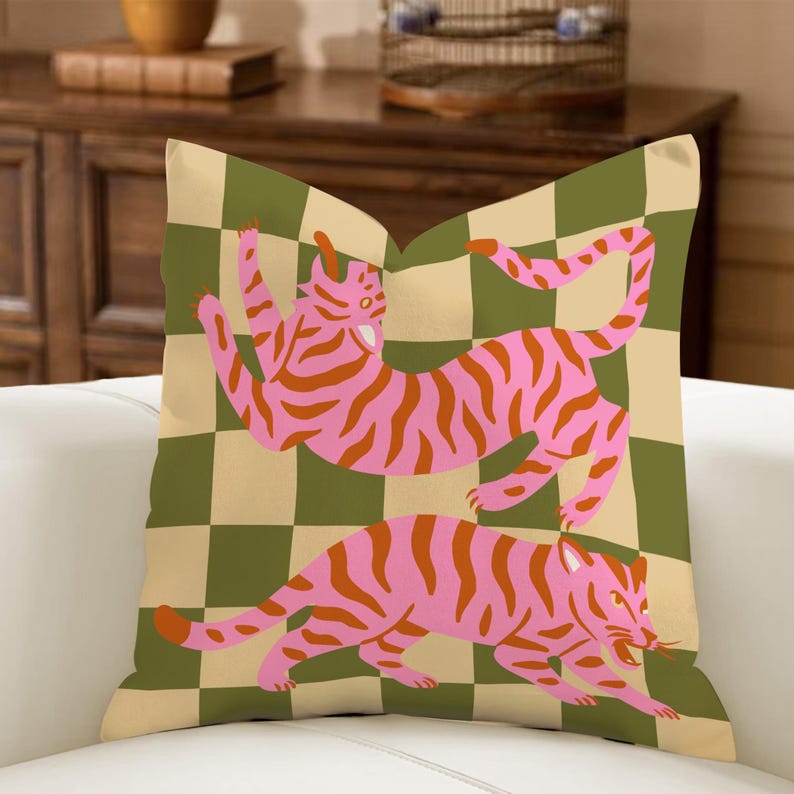 Retro 70s Animal Throw Pillowcase, Funky Tiger Leopard Cushion, Pink ...