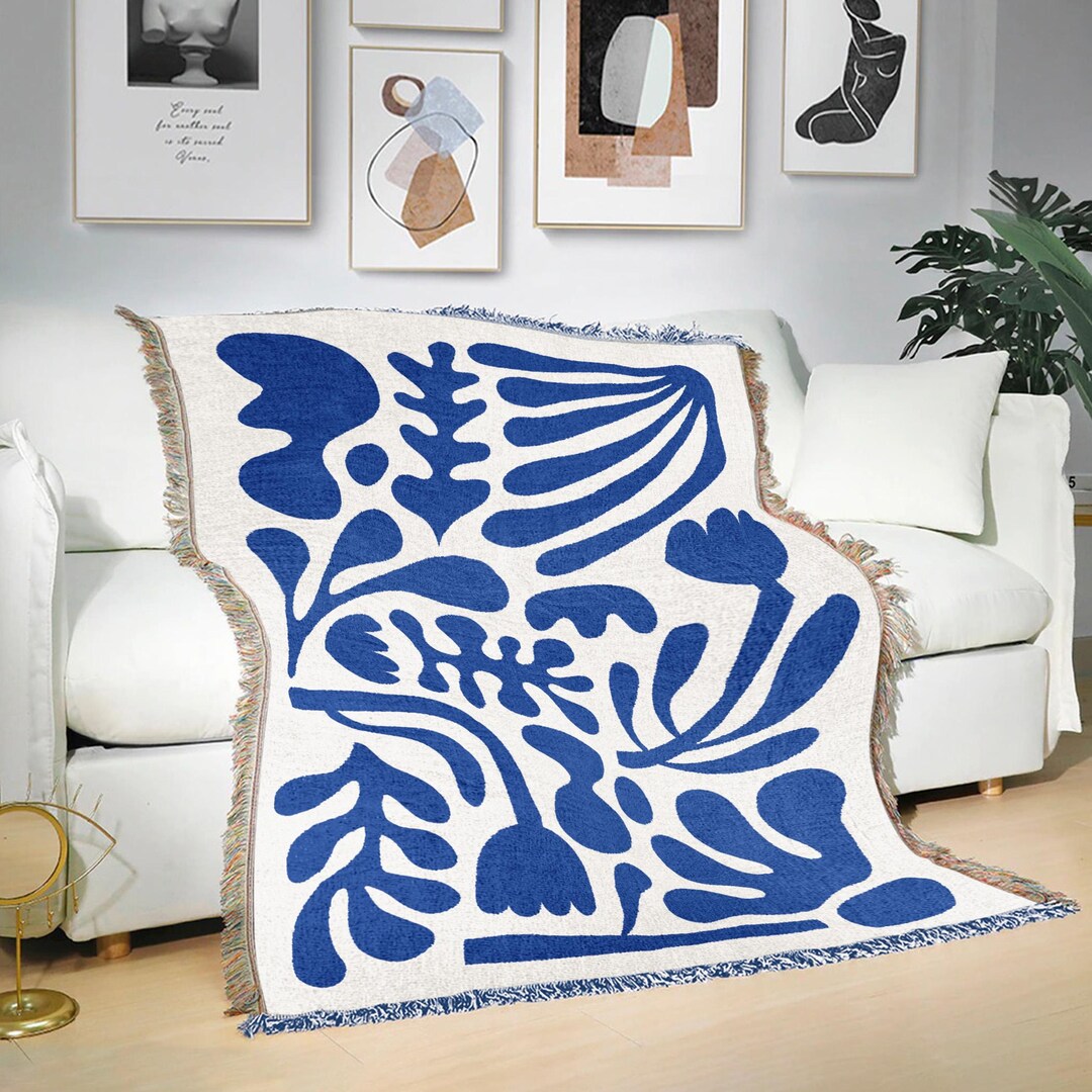 Blue Matisse Motifs Woven Blanket, Abstract Art Sofa Throw, Bohemian ...