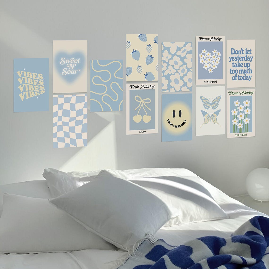 Pastel Blue Funky Wall Collage 16pcs, Danish Pastel Preppy Soft Decor ...