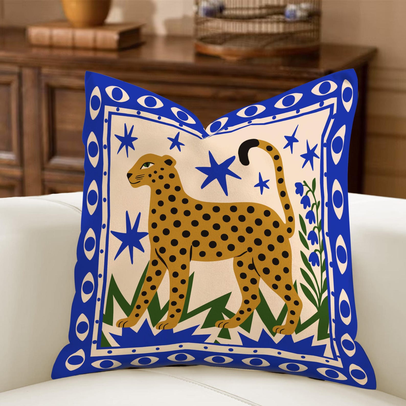 Folk Art Animal Pillow Cover, Eclectic Naïve Art Cushion, Tiger Cheetah ...