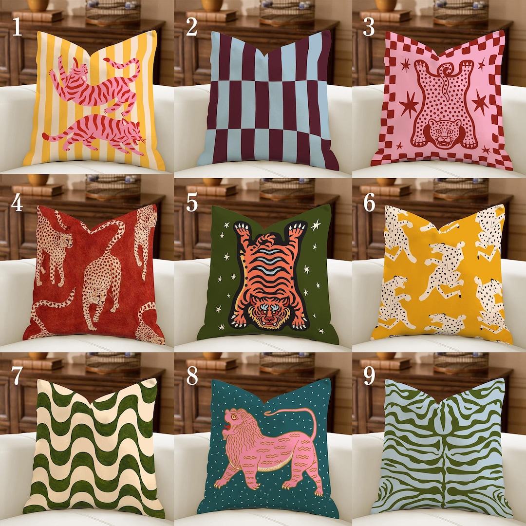 Earth Tone Folk Art Pillow Cover, Animal Print Cushion, Tiger Leopard ...
