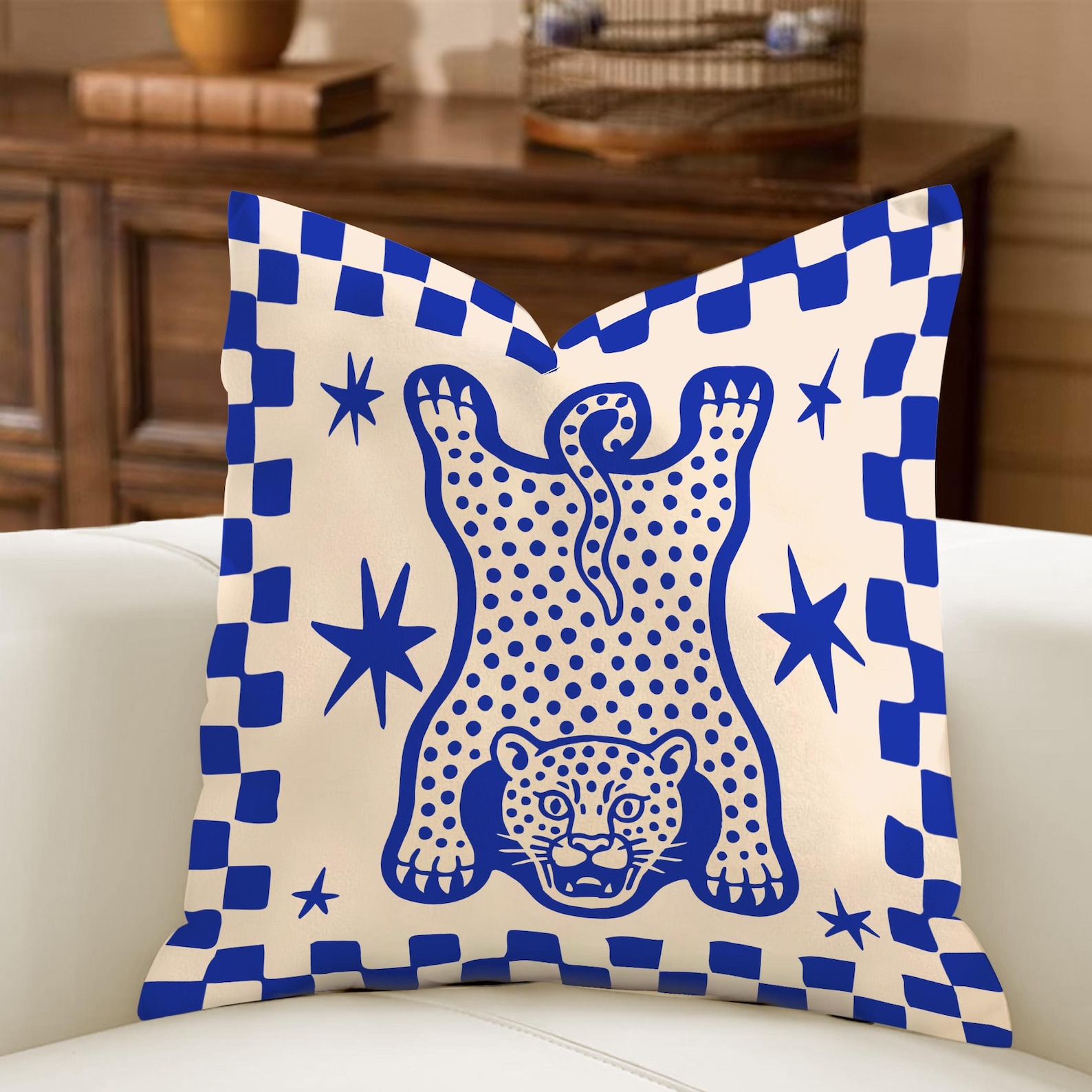 Folk Art Animal Pillow Cover, Eclectic Naïve Art Cushion, Tiger Cheetah ...