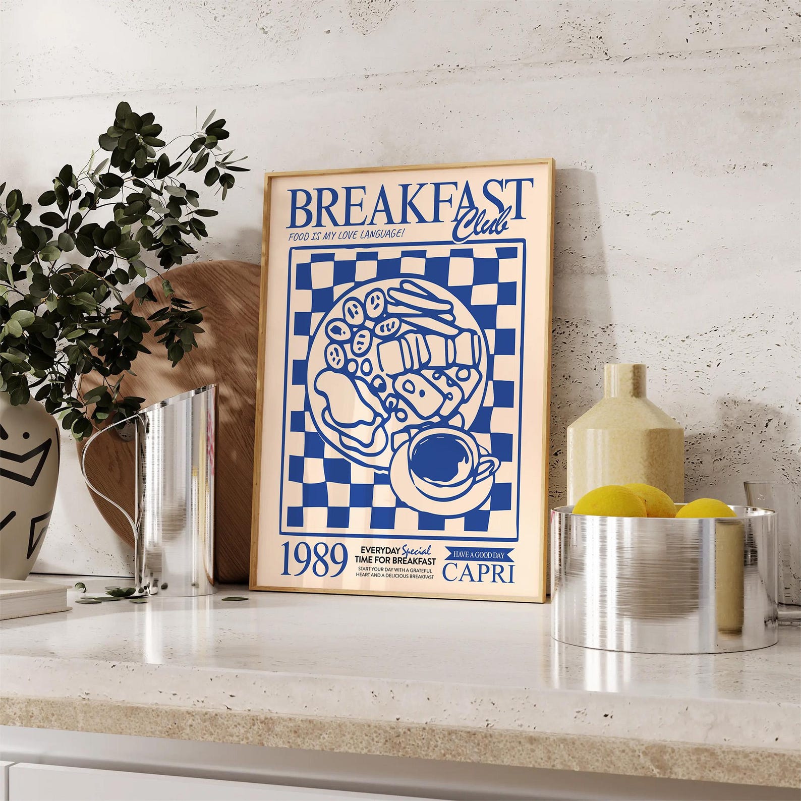 Breakfast Club Art Print, Retro Kitchen Decor, Funky Blue White Diner ...
