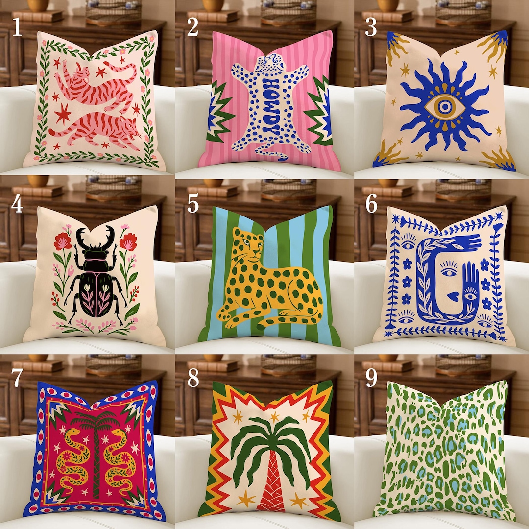 Eclectic Throw Pillow Cover, Funky Folk Art Cushion, Boho Tiger Evil ...