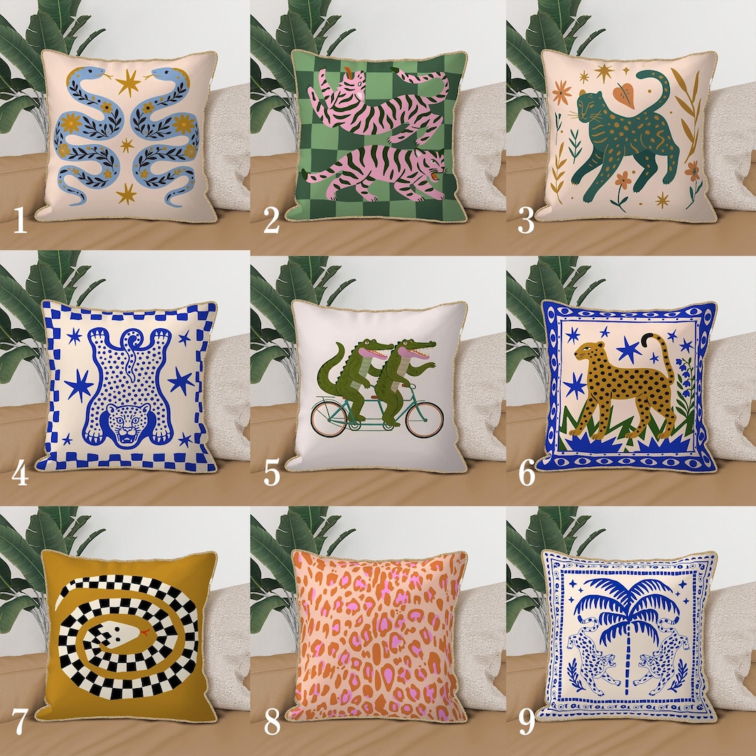 Folk Art Animal Velvet Pillow Cover, Eclectic Naïve Art Cushion With ...
