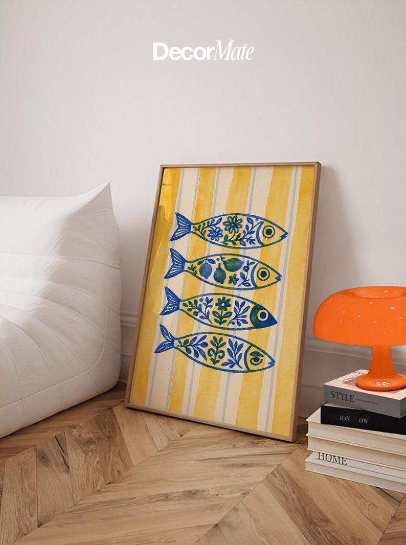 Mediterranean Sardine Wall Art, Blue Fish Coastal Print, Yellow Striped ...