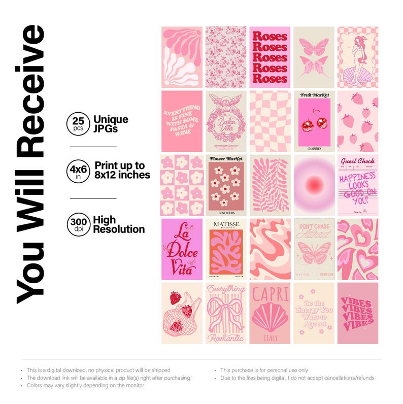 25pcs Danish Pastel Pink Wall Collage, Preppy Decor, Dopamine Wall Art, Eclectic Gallery Wall ...