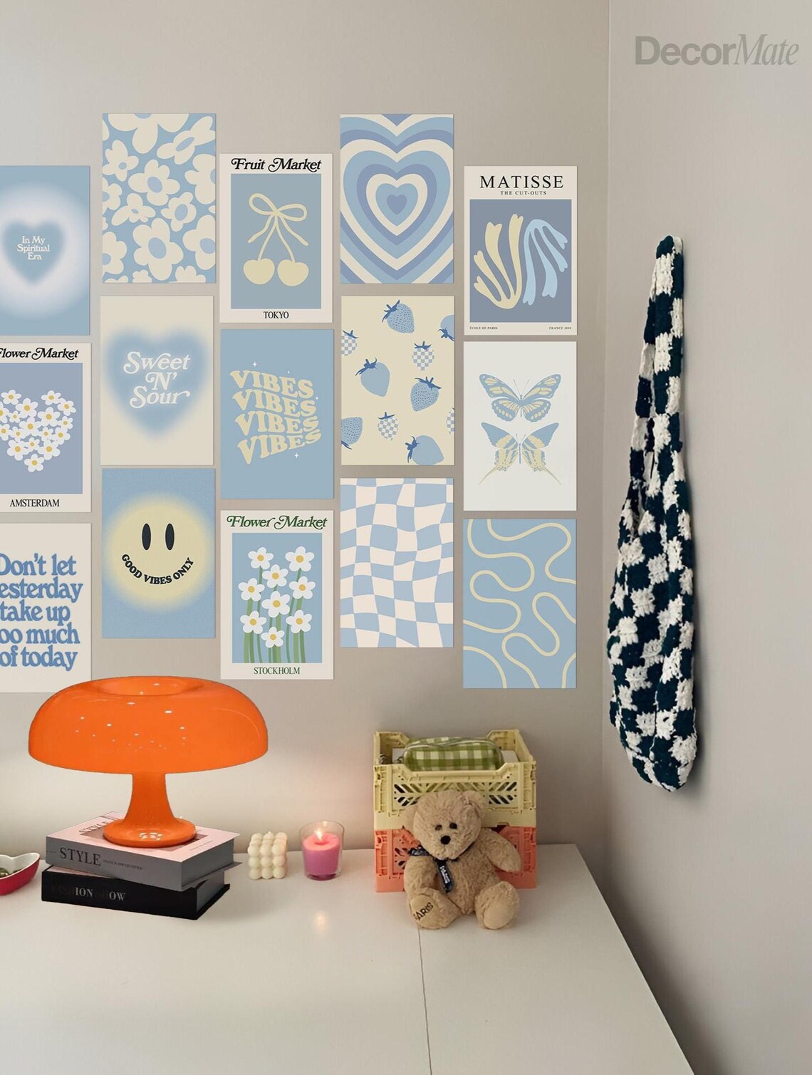 Pastel Blue Funky Wall Collage 16pcs, Danish Pastel Preppy Soft Decor ...