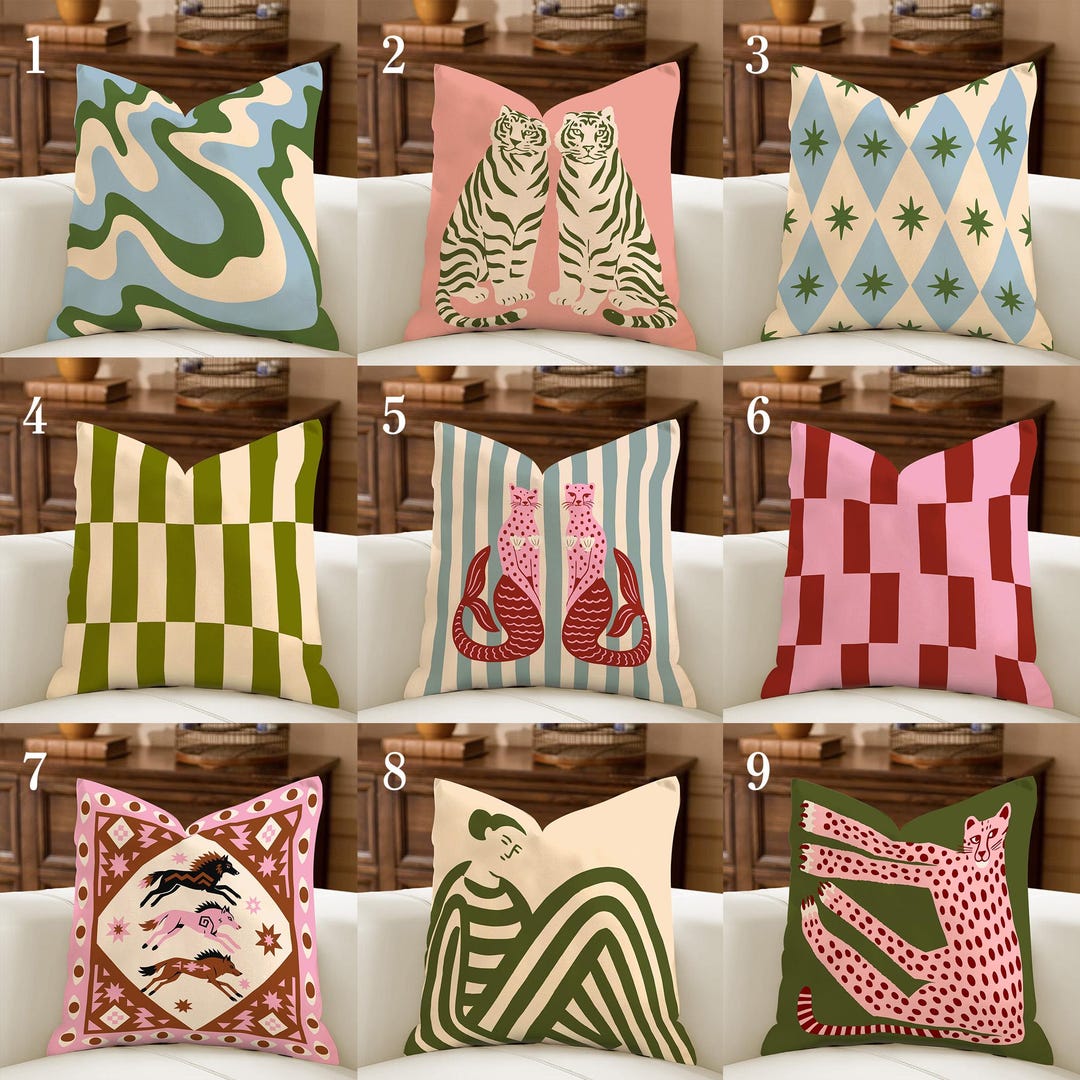 Funky Earth Tone Throw Pillowcase, Maximalist Pink Green Cushion Covers ...