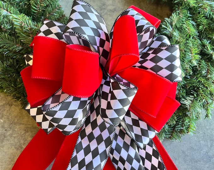 Christmas Tree Topper Bow, Nutcracker, Plaid, Black White Harlequin ...