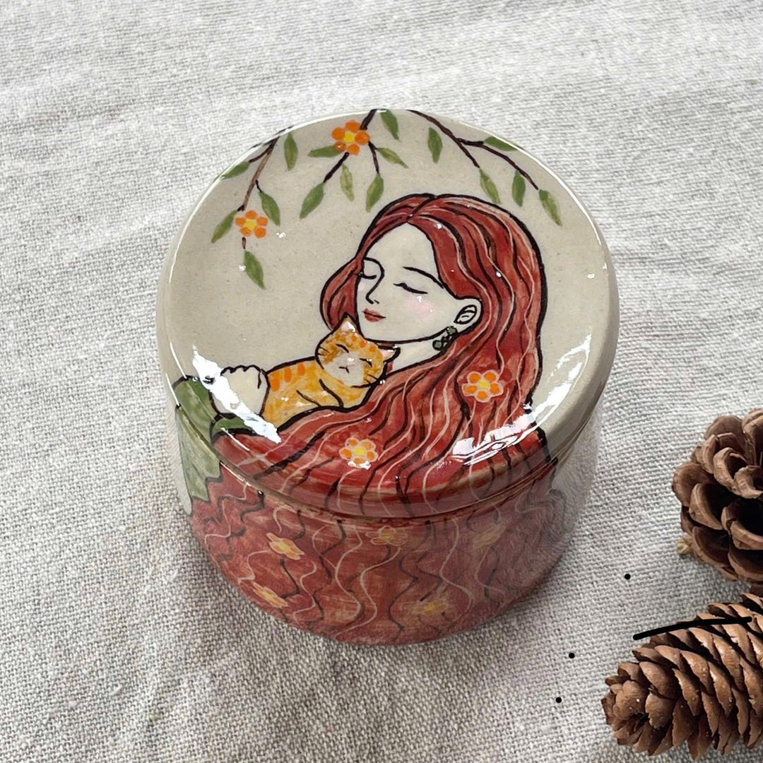 Hand-painted Ceramic Jar – Girl With Cat | Jewelry or Keepsake Box - Etsy