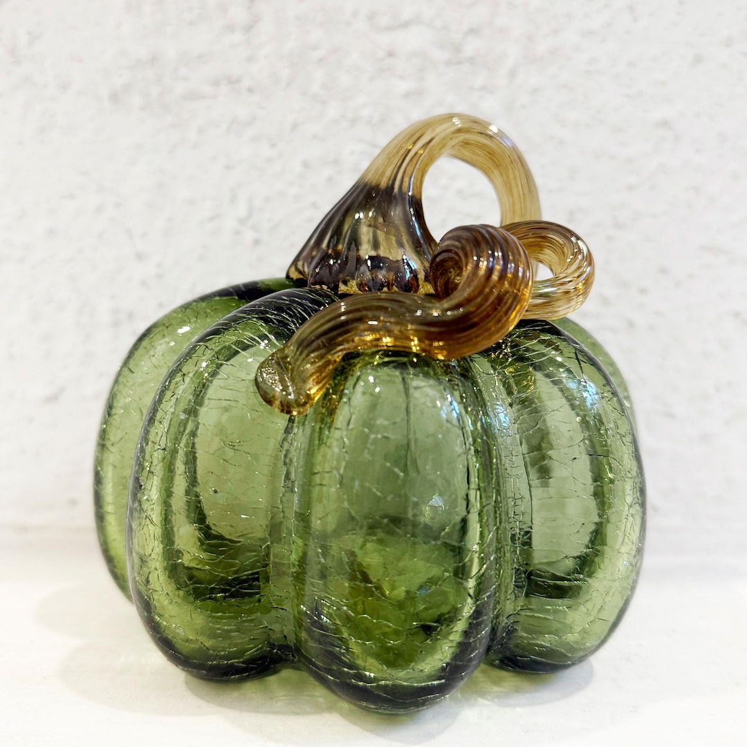 Handmade Glass Pumpkin, Green With Brown Stem, Desk Decoration, Gift ...