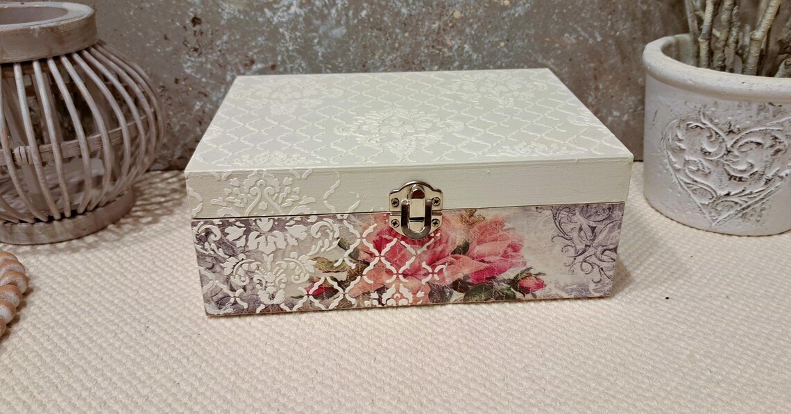 Handcrafted Wooden Tea Storage Box With Decoupage Design & Textured ...