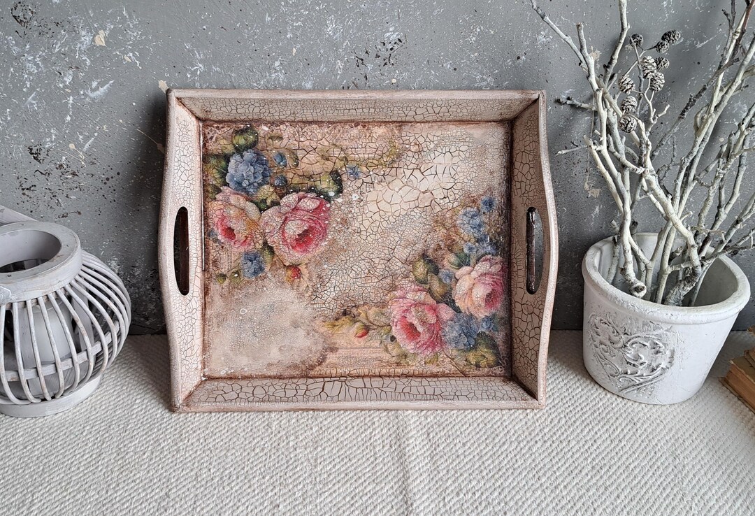 Vintage Wooden Tray – Decoupage & Crackle Varnish Finish - Etsy