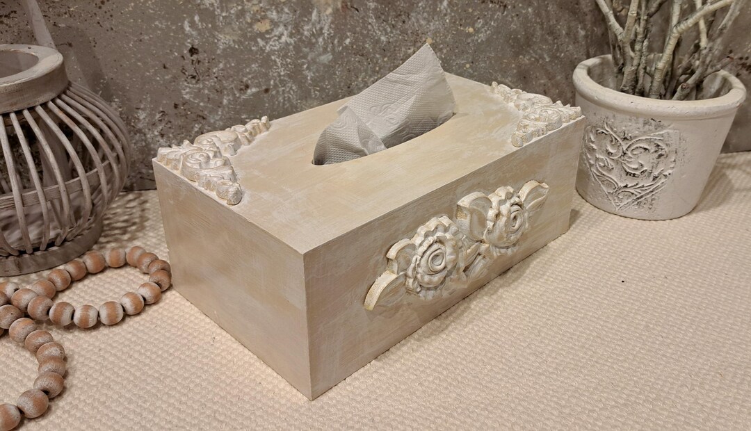 Light Wooden Tissue Box With Rose Ornaments, Chalk Paint Finish - Etsy