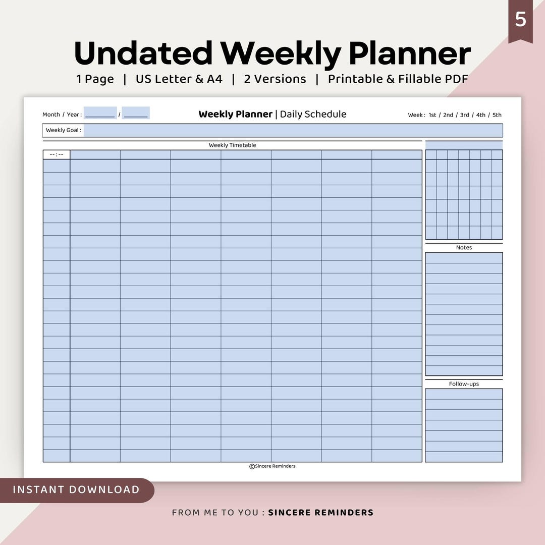 Undated Weekly Planner Digital Download | Daily Task Organizer and ...