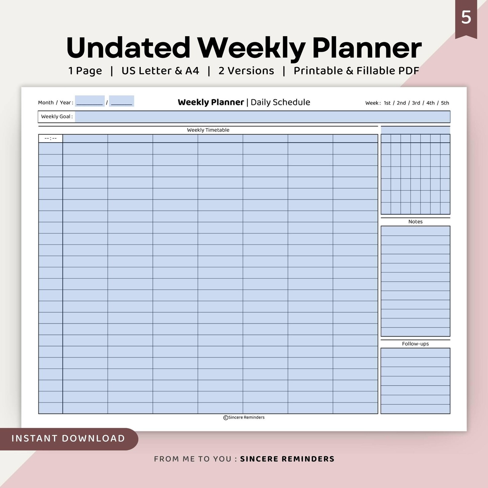 Undated Weekly Planner Digital Download | Daily Task Organizer and ...