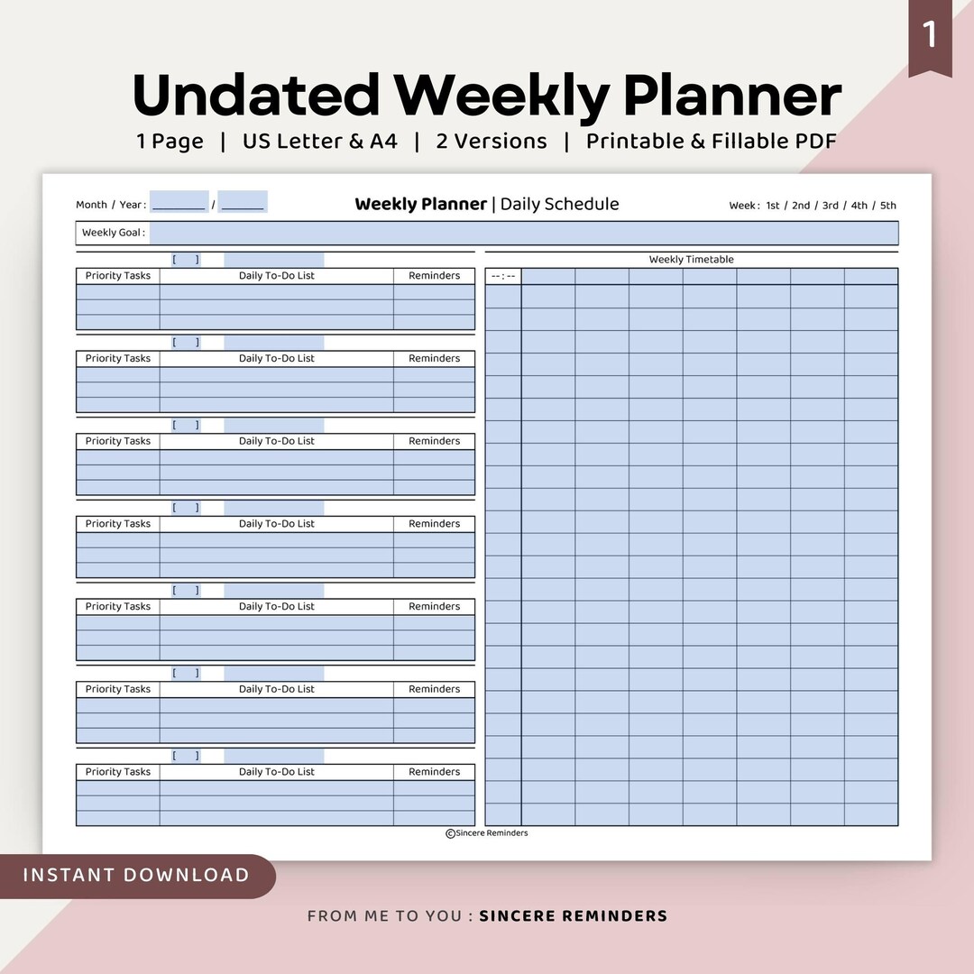 Undated Weekly Planner Template, Daily Task Organizer, Priorities List ...
