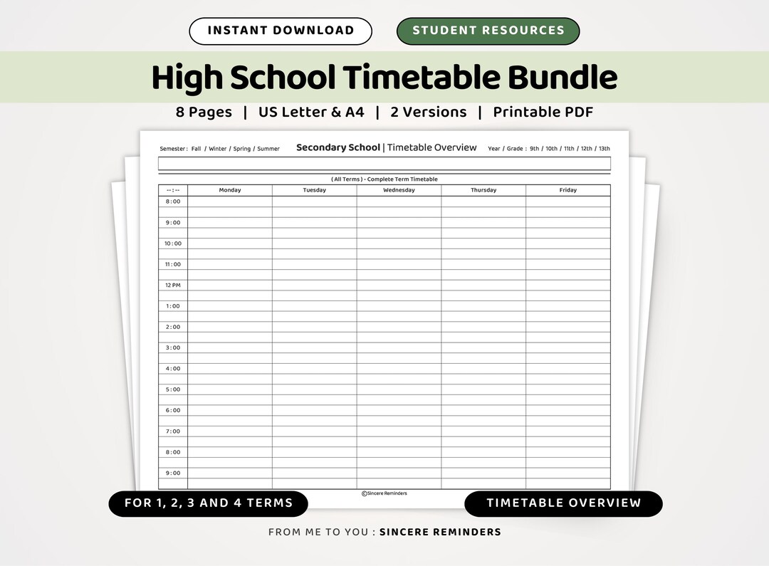High School Student Class Timetable Bundle, 1-4 Term Overview Tracker ...