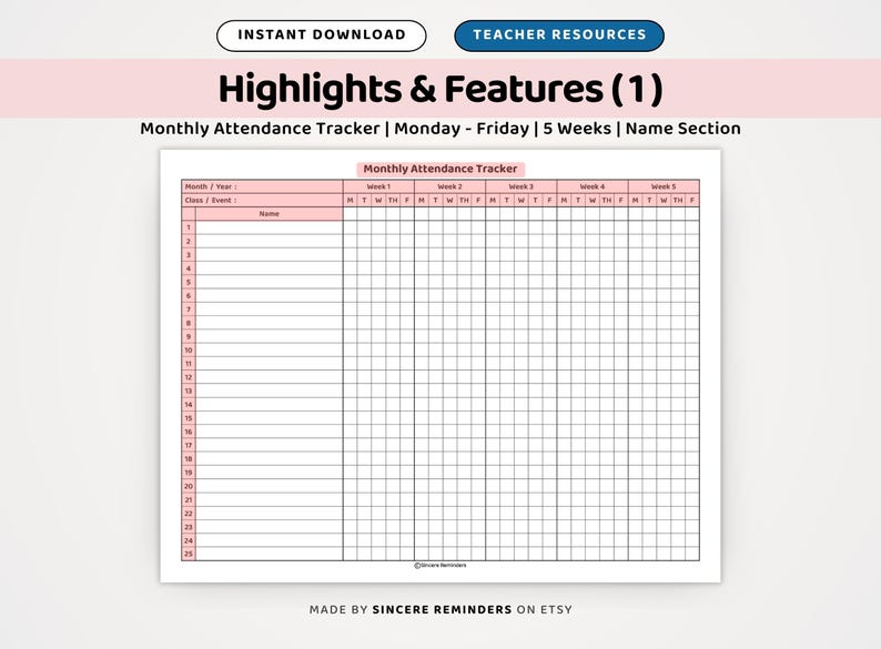Monthly & Weekly Attendance Tracker, Teacher Attendance Tracker for ...