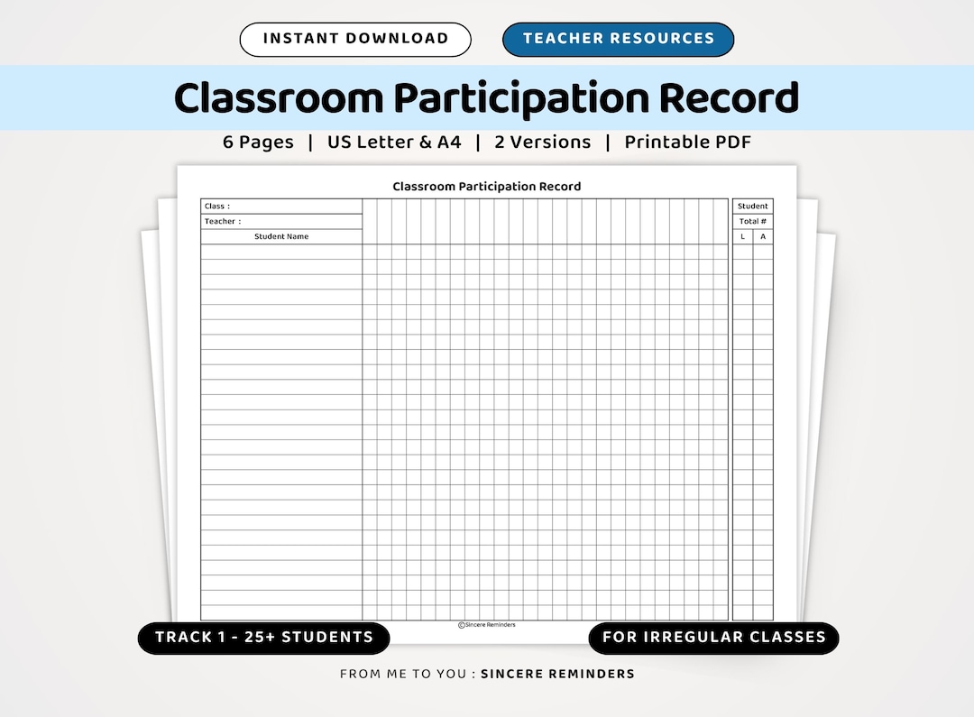 Classroom Participation Record, Student Attendance Tracker Sheet for ...