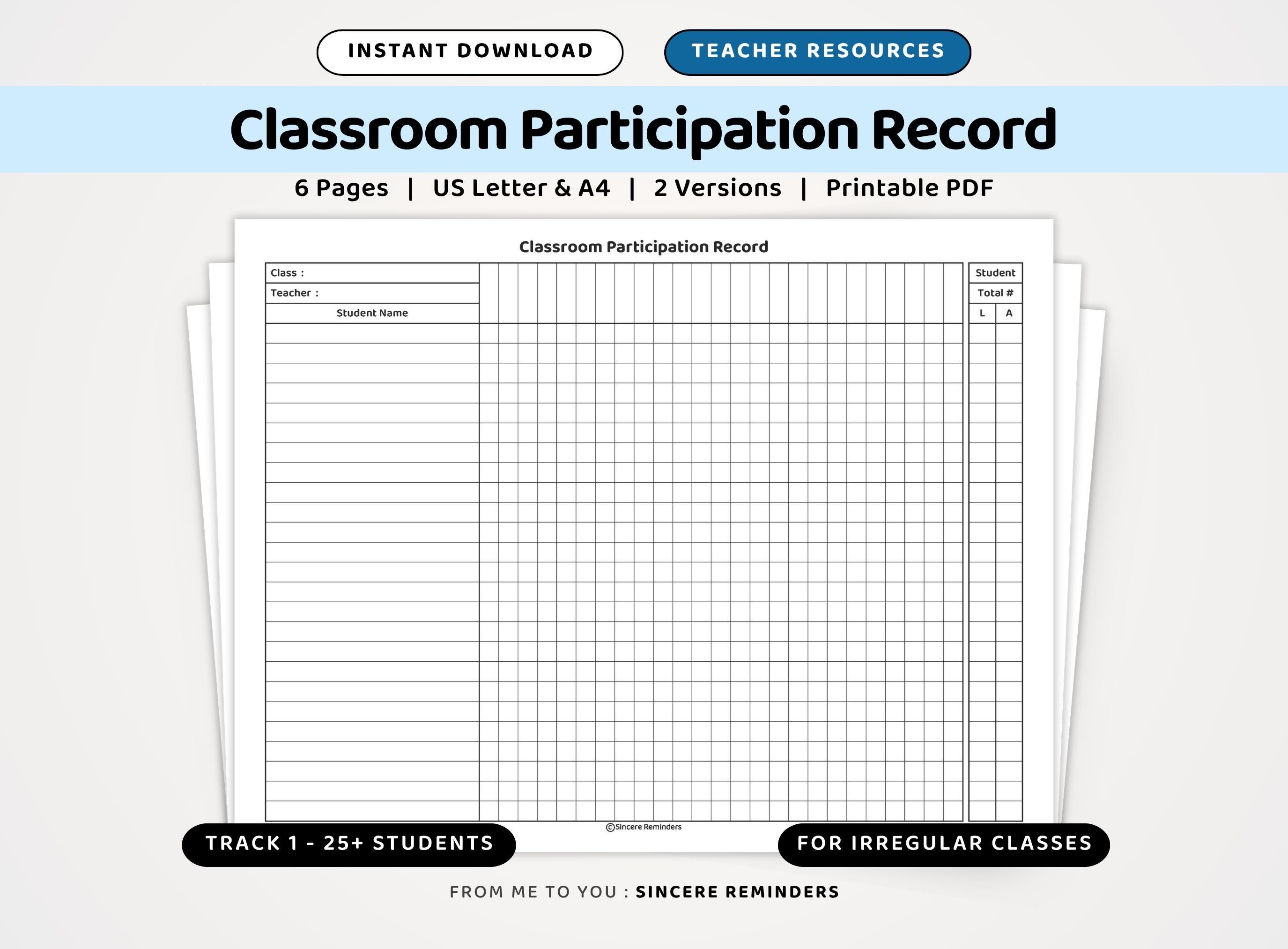 Classroom Participation Record Sheet for Teachers, Student Attendance ...