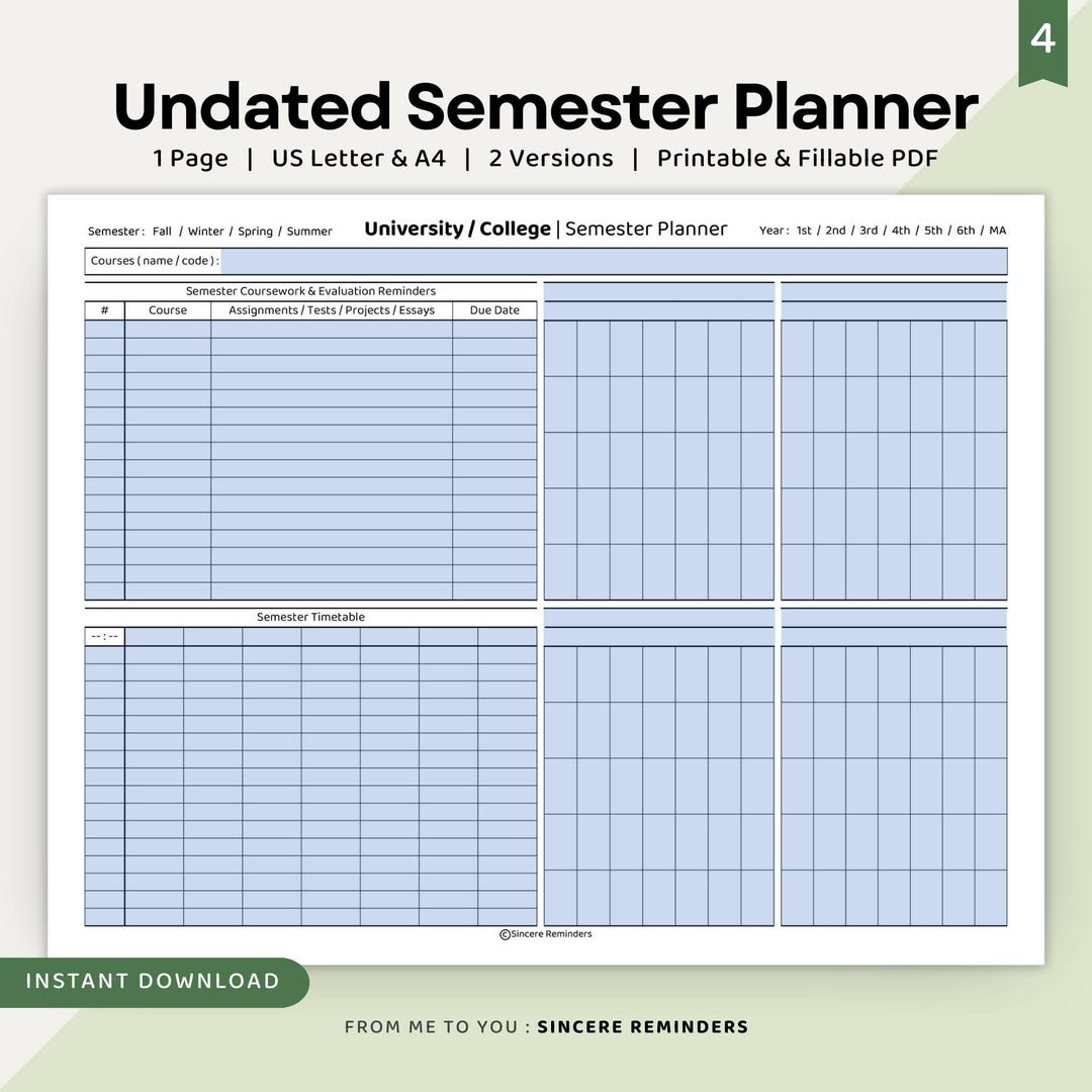 Undated Academic Planner for University and College Students | 4 Month ...