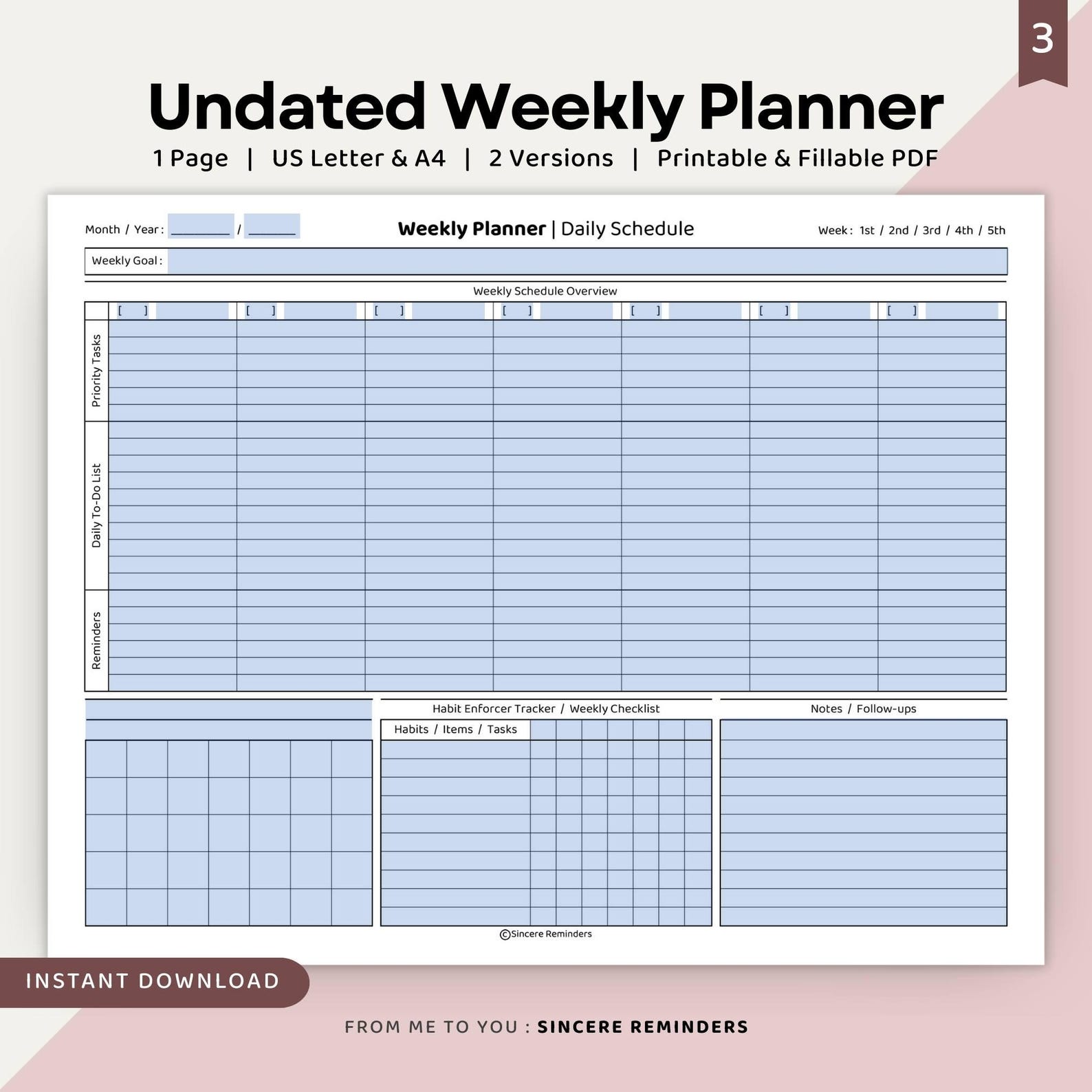 Undated Weekly Planner Digital Download | Daily Task Organizer and ...