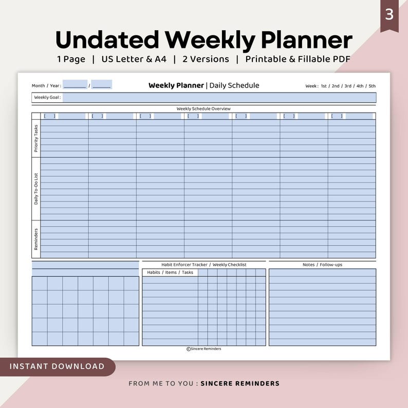 Undated Weekly Planner Digital Download | Daily Task Organizer and ...