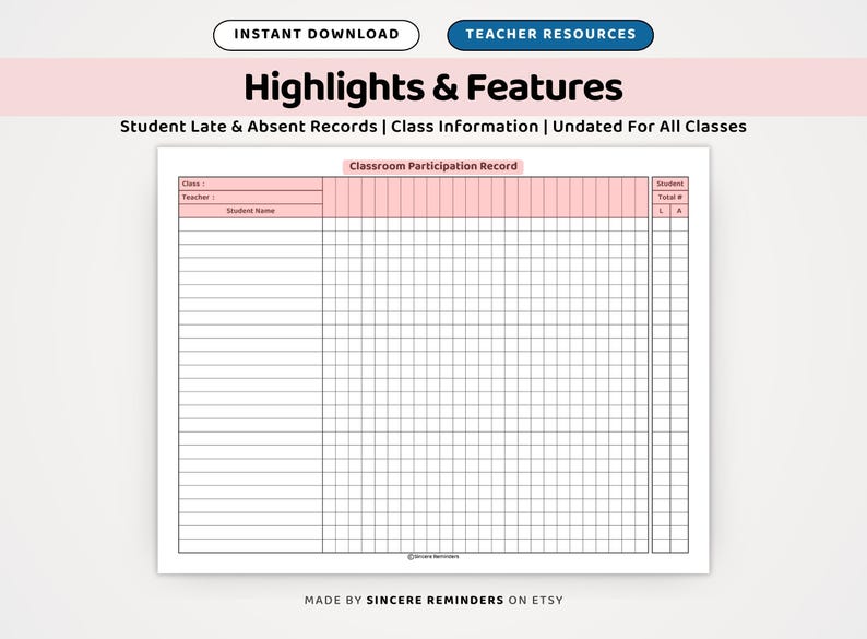 Classroom Participation Record Sheet for Teachers, Student Attendance ...