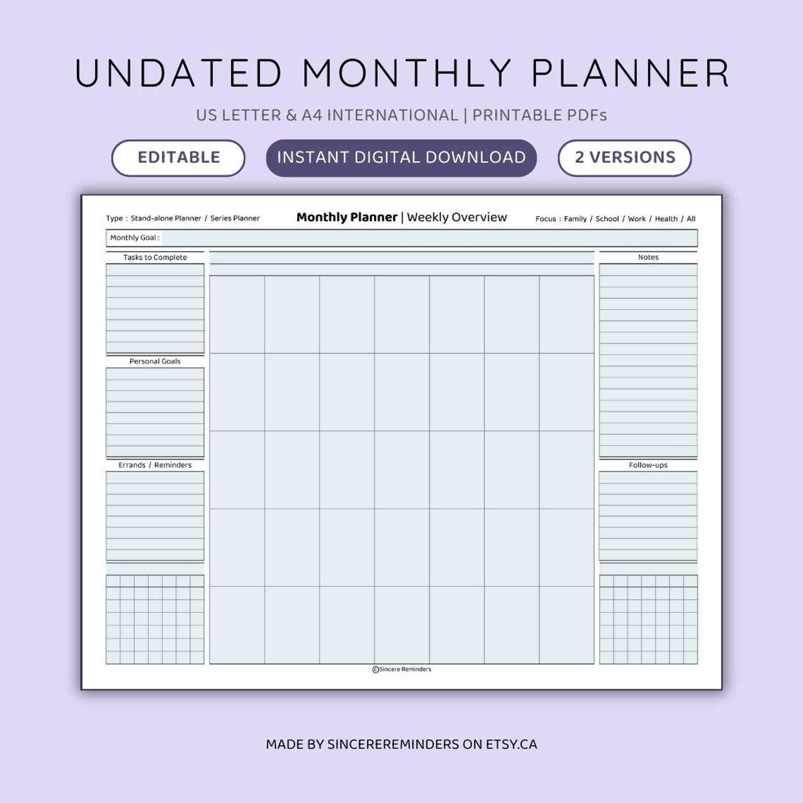 Blank Monthly Planner Template, Digital Download, EDITABLE Undated ...