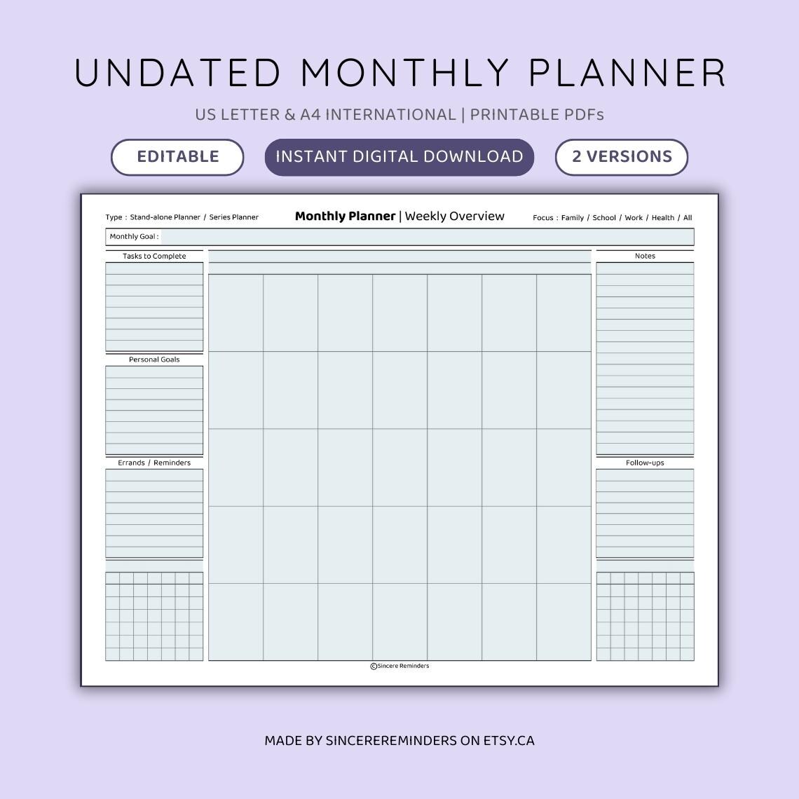 Blank Monthly Planner Template, Digital Download, EDITABLE Undated ...