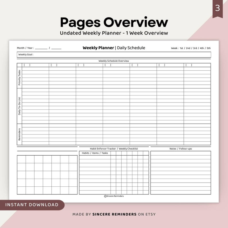 Undated Weekly Planner Digital Download | Daily Task Organizer and ...