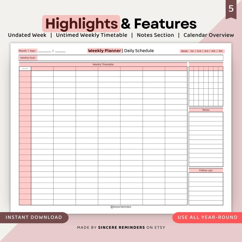 Undated Weekly Planner Digital Download | Daily Task Organizer and ...