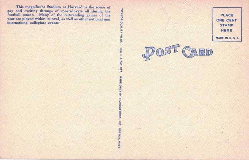 Vintage (1930s) Harvard Stadium (harvard University) Post Card - Etsy