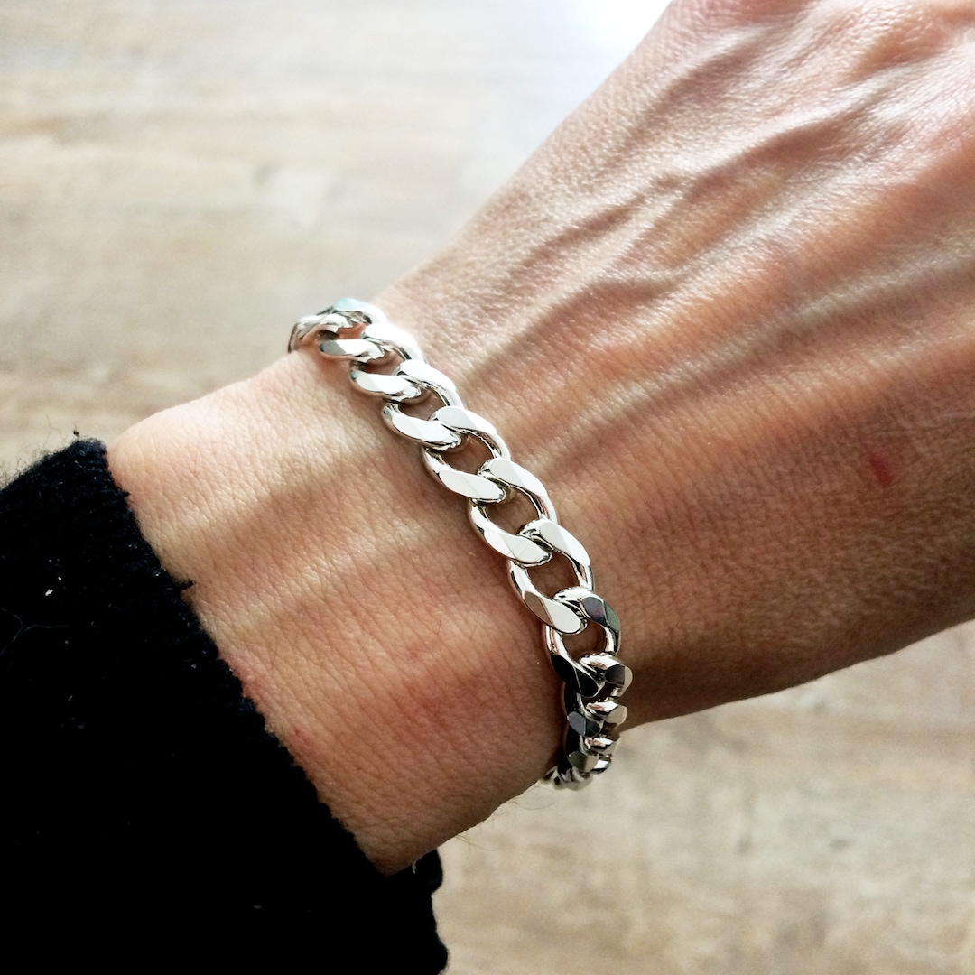 8.5mm Solid Sterling Silver 925 Curb Chain Bracelet • Unisex Chunky ...