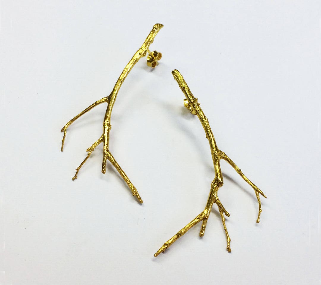 Gold Twig Earrings Gold Branch Earrings 24K Gold Plated Silver Twig ...