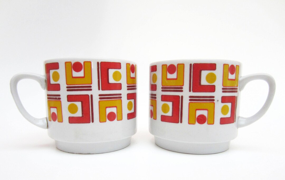 1970s Vintage Mugs⎮yellow Red Abstract Pattern⎮mid Century Modern Space ...