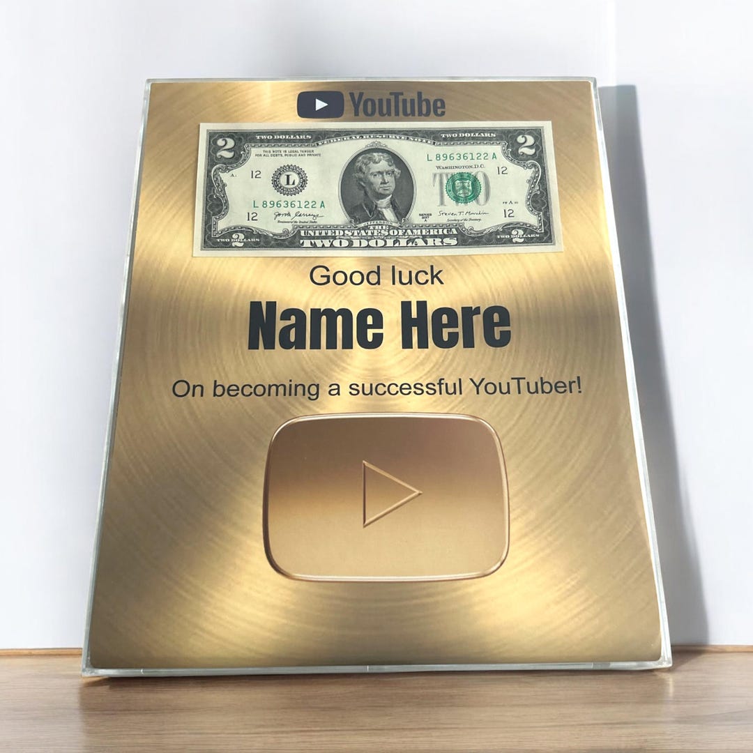 Youtube Real Two Dollar Money Good Luck Custom Plaque Gold Award - Etsy