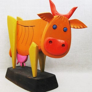Vintage Modern Cow Sculpture, Contemporary Folk Art Colorful Rustic ...