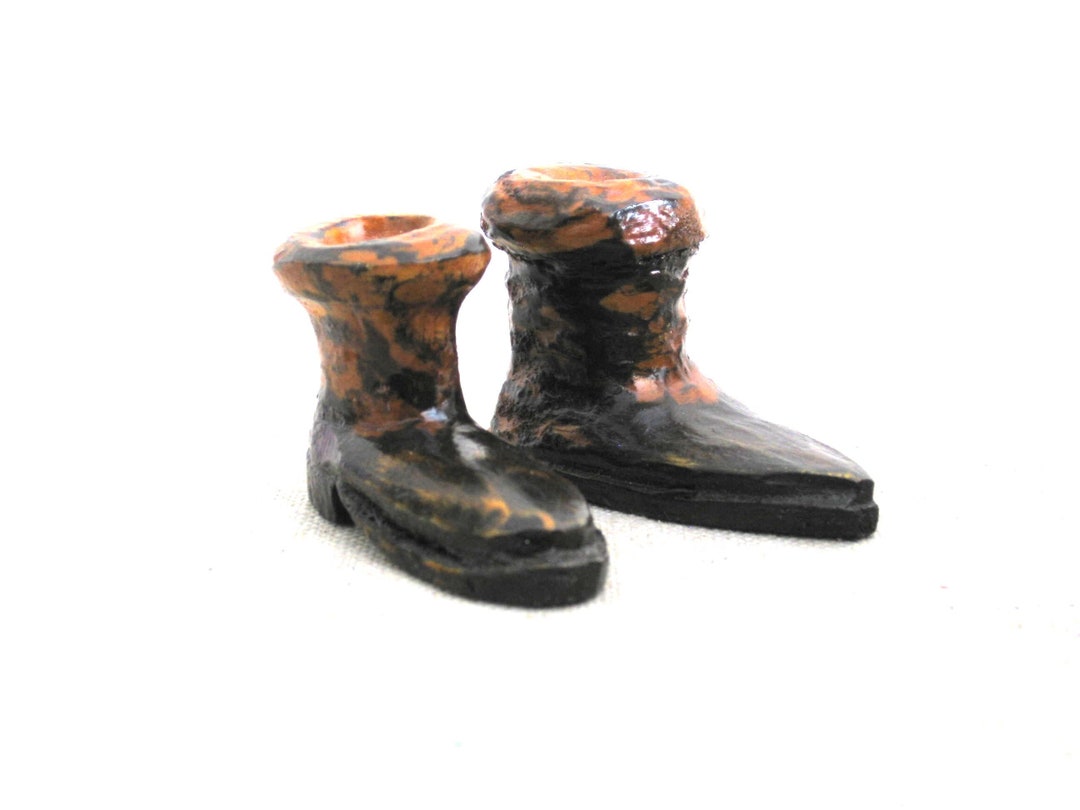Miniature Boots Folk Art Wooden Shoe Carving Sculpture Primitive Rustic ...