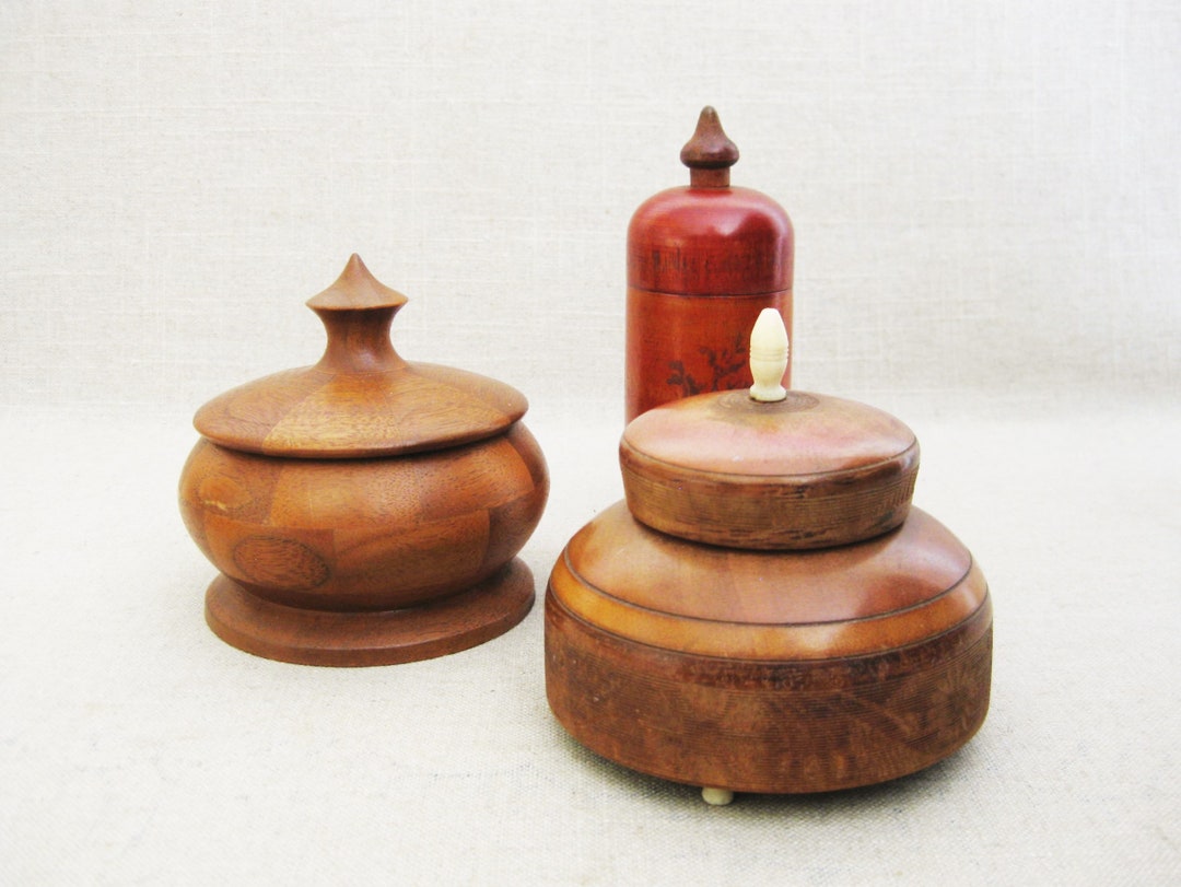 Antique Treenware Box Collection, Round Wooden Storage and Organization ...