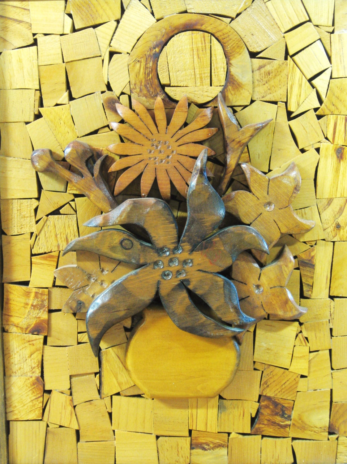 Vintage Folk Art Flower Still Life Wood Carving, Floral Arrangement ...