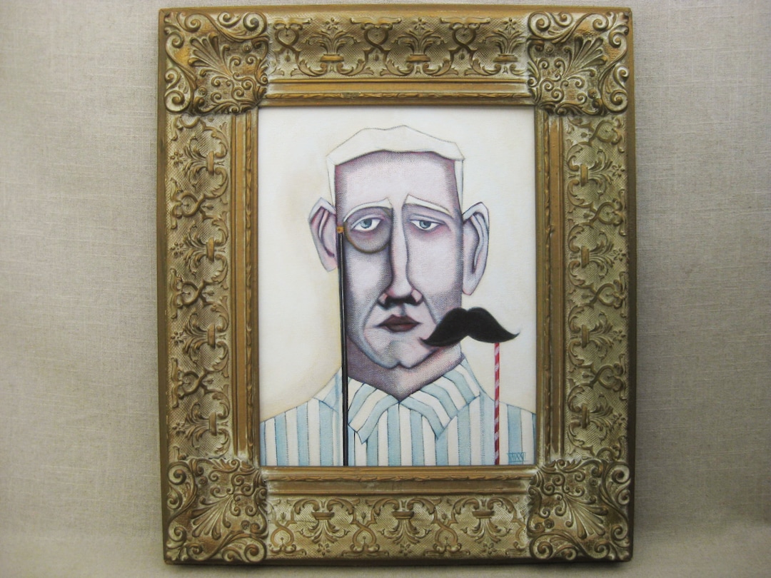Surreal Male Portrait Painting of Man With Glasses and Moustache Framed ...