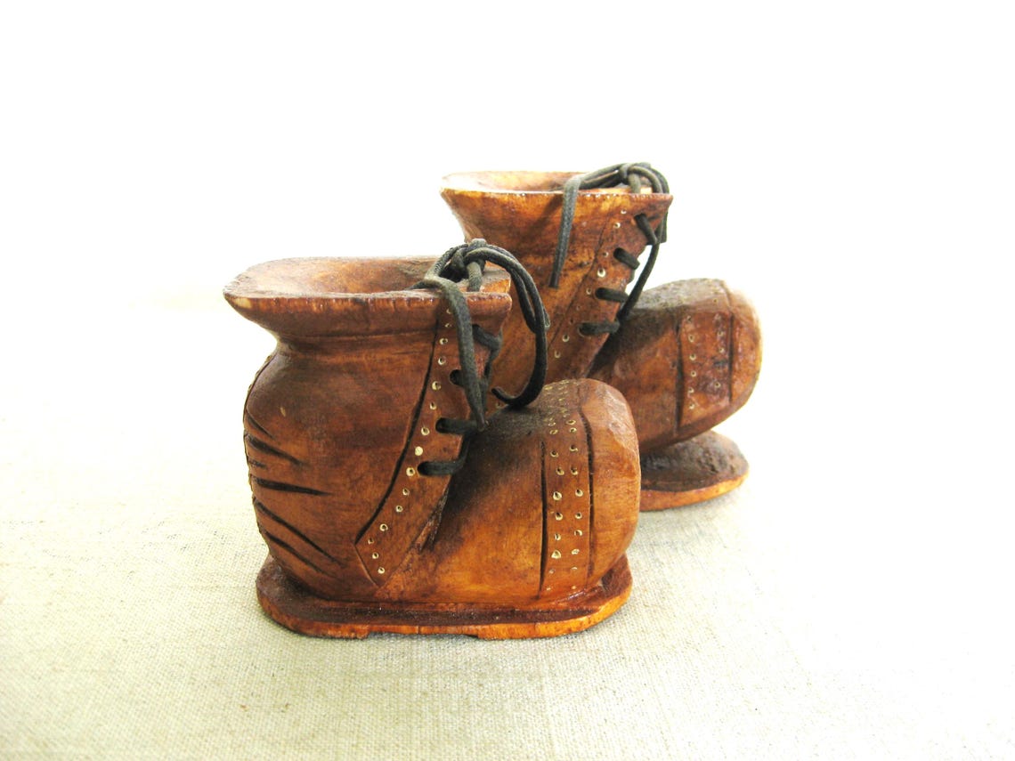 Vintage Wooden Boot Folk Art Carving Sculpture, Miniature Primitive ...
