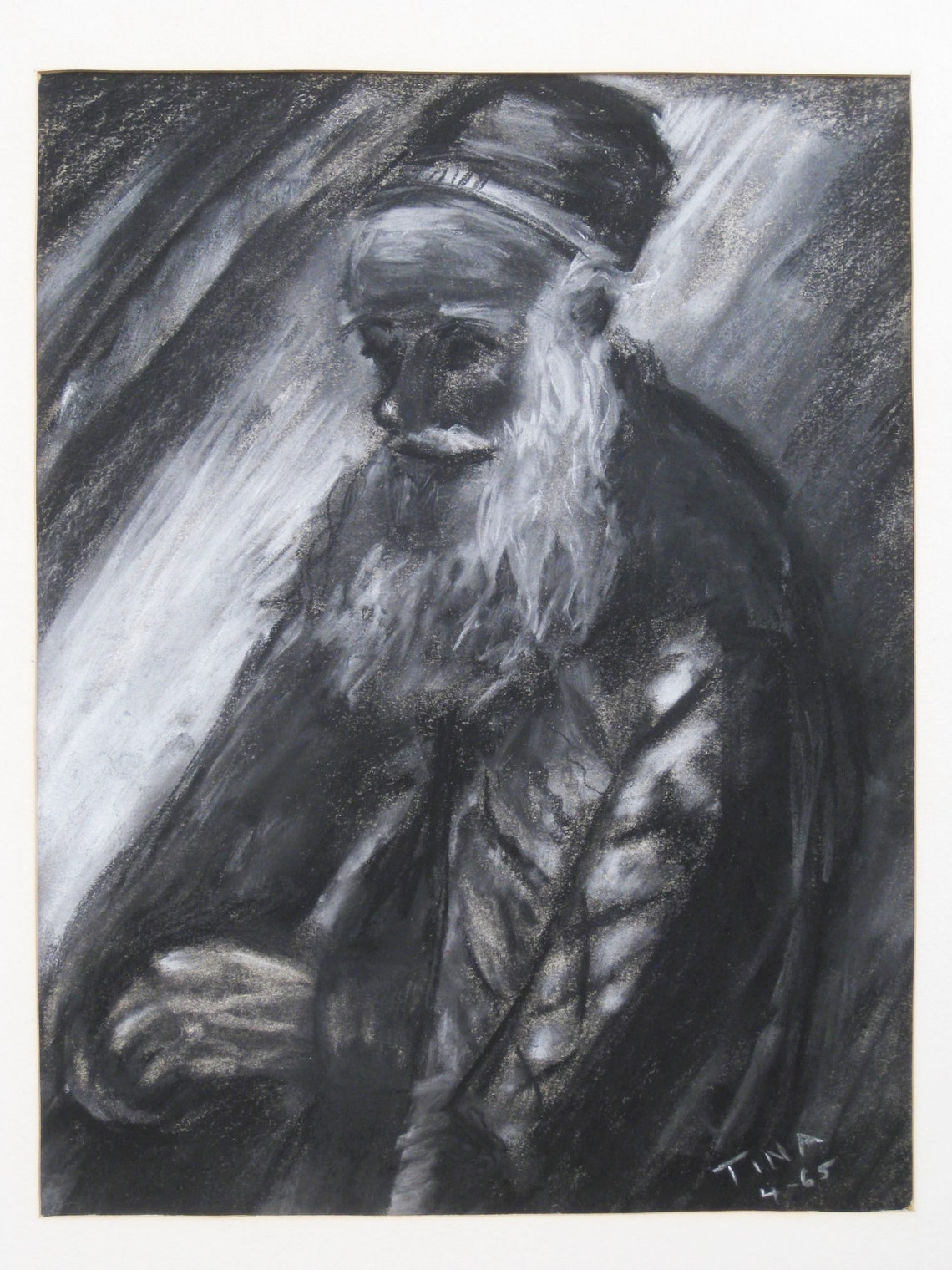 Male Portrait Jewish Rabbi, Fine Art Drawing Original, Framed Charcoal ...
